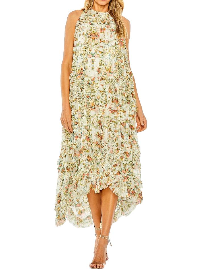 MAC DUGGAL Mac Duggal Sleeveless High Neck Lattice Ruffle Floral Dress
